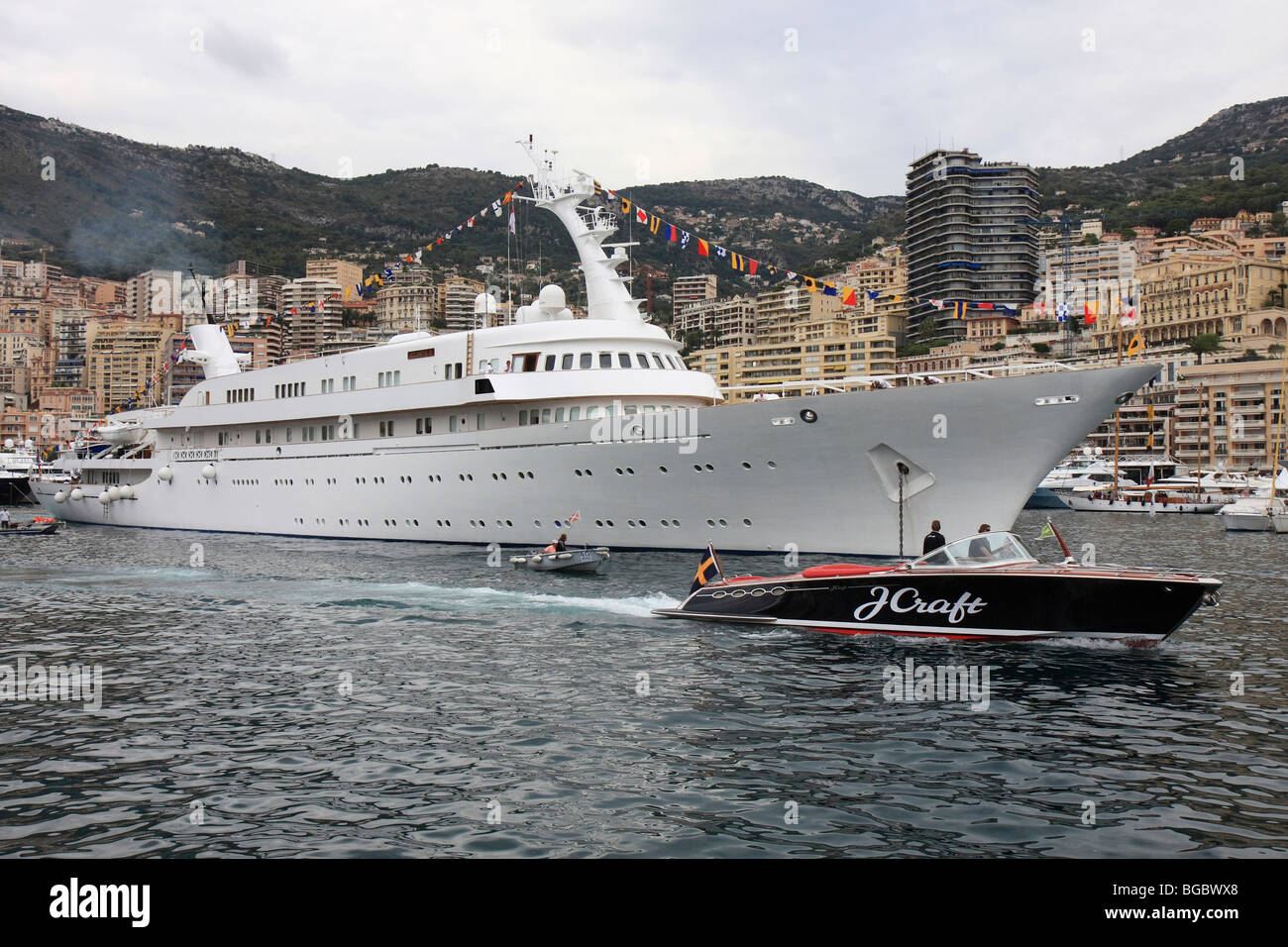 Motor yacht Atlantis II maneuvering in the La Condamine port, Monaco ...