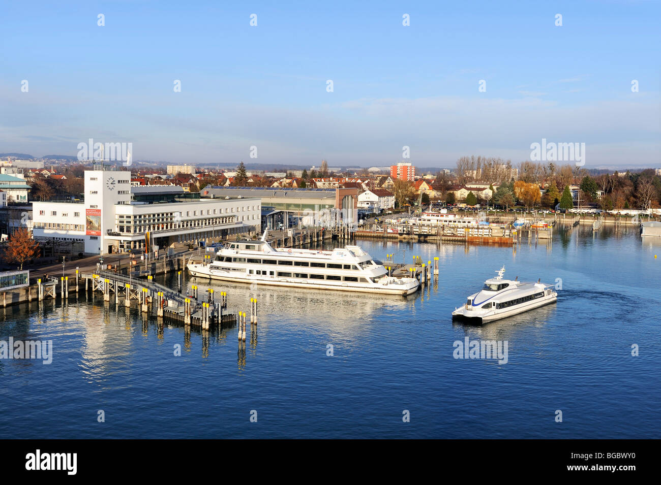 View of the Graf Zeppelin Museum, and the docks of the Bodensee ...