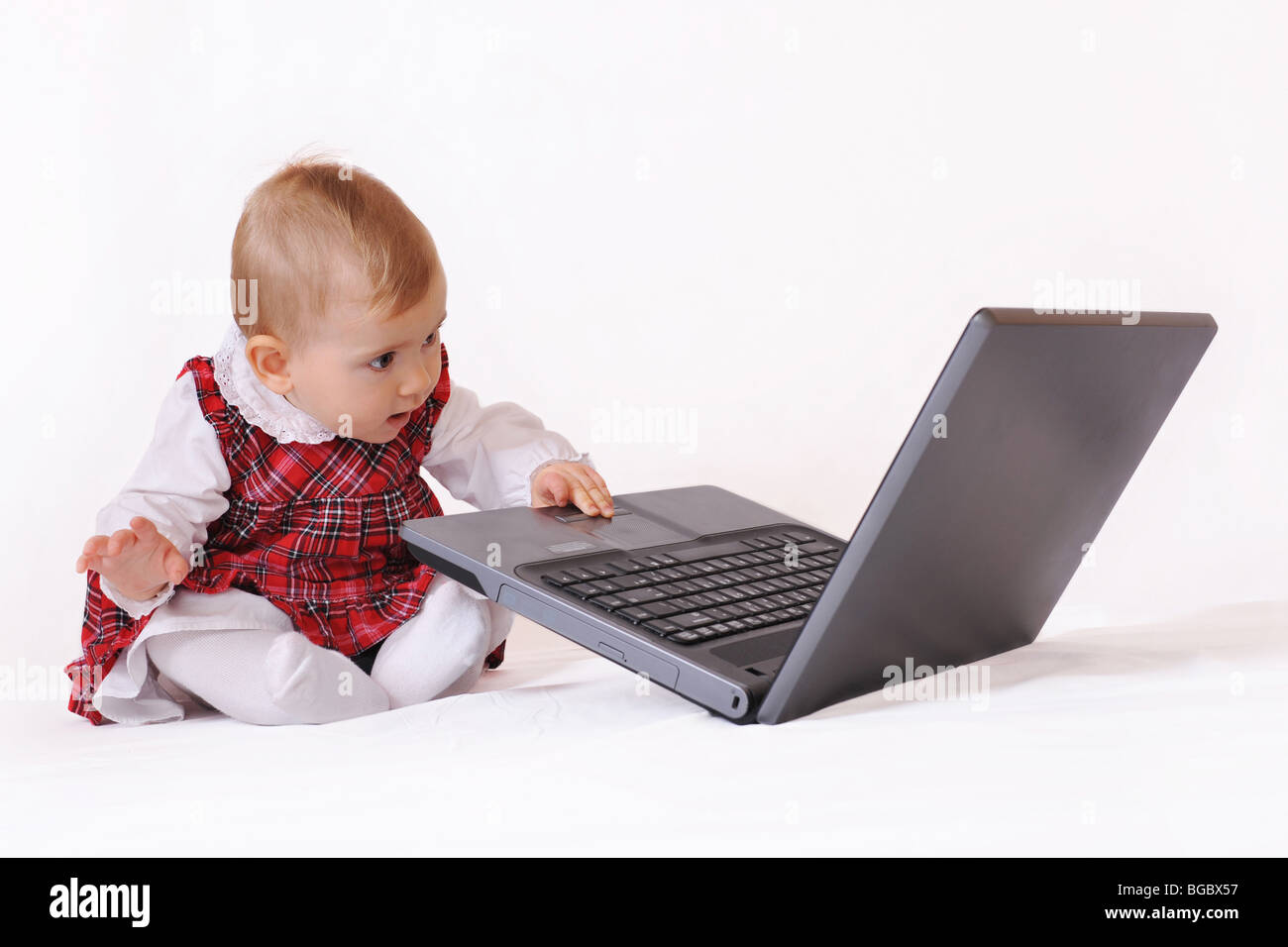 Portrait of little baby working on computer Stock Photo - Alamy