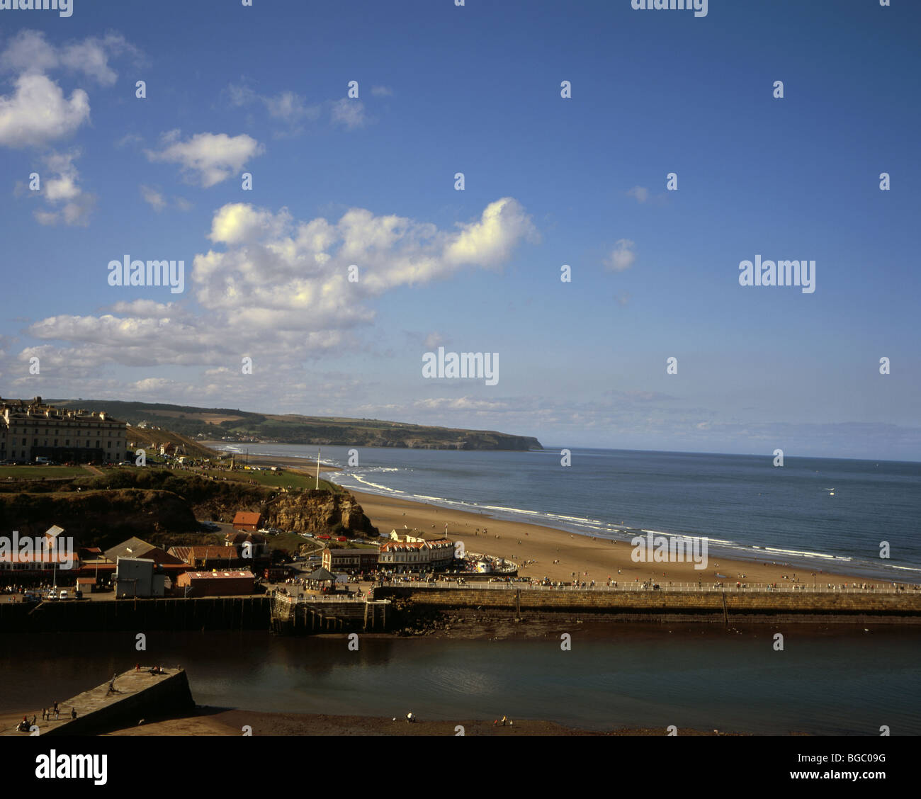 Shops and cafes at the end of Pier Road, Whitby Yorkshire England and ...