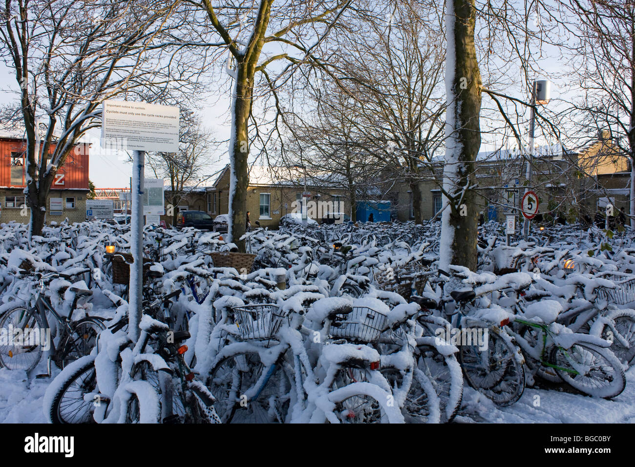 cycles winter snow cambridge city centre cambridgeshire england uk gb ...