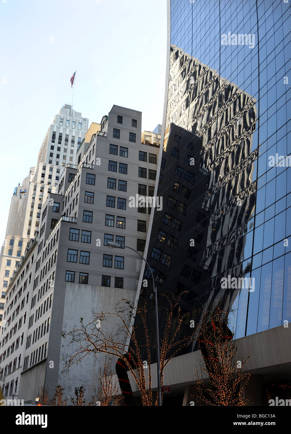 Reflections in a tower block glass building Midtown Manhattan New York ...