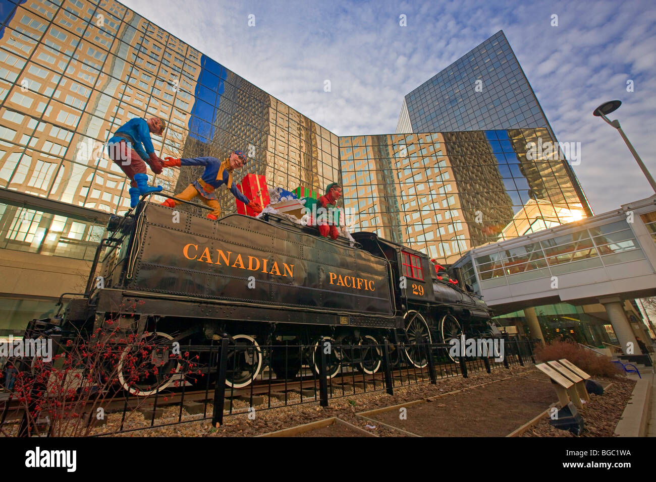 Christmas display on the CPR Steam Locomotive 29 on display outside the ...