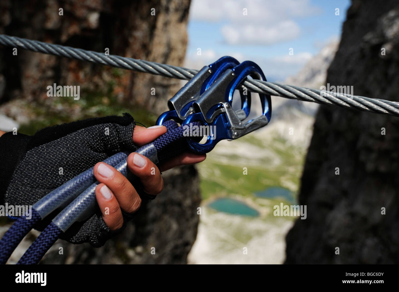Carabiner at fixed rope, climbing tour onto Paterno, Boedenseen lakes ...