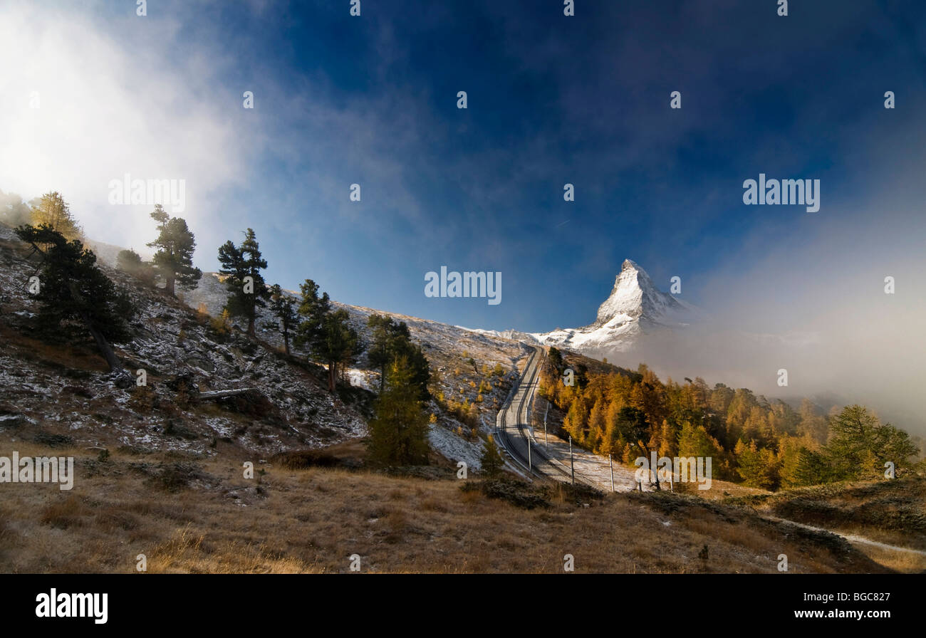 Mt. Matterhorn with the tracks of the Gornergrat railway, Zermatt ...