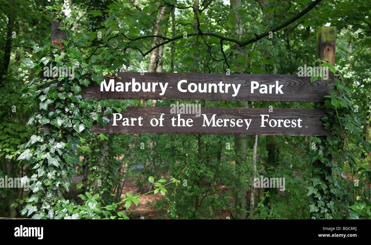 Marbury Country park sign, part of the Mersey Forest, Cheshire, England ...