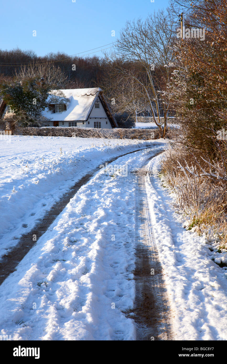 Thatched cottage and wheel tracks in snow Cambridgeshire Stock Photo ...
