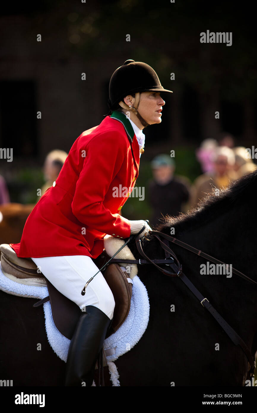 A fox hunter before the start of the foxhunt on the greensward of ...