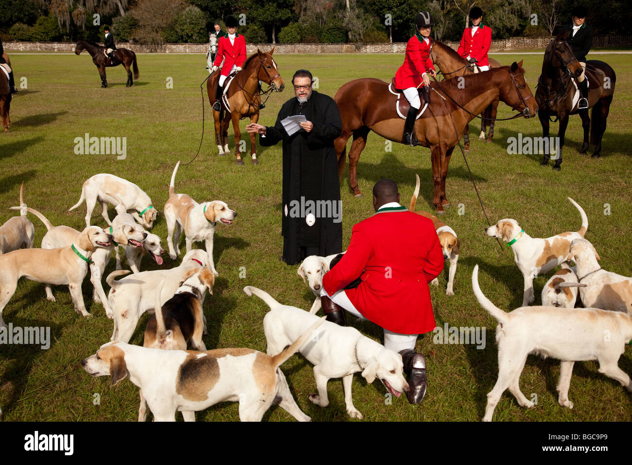 Blessing of the foxhounds and fox hunters at the start of the fox ...