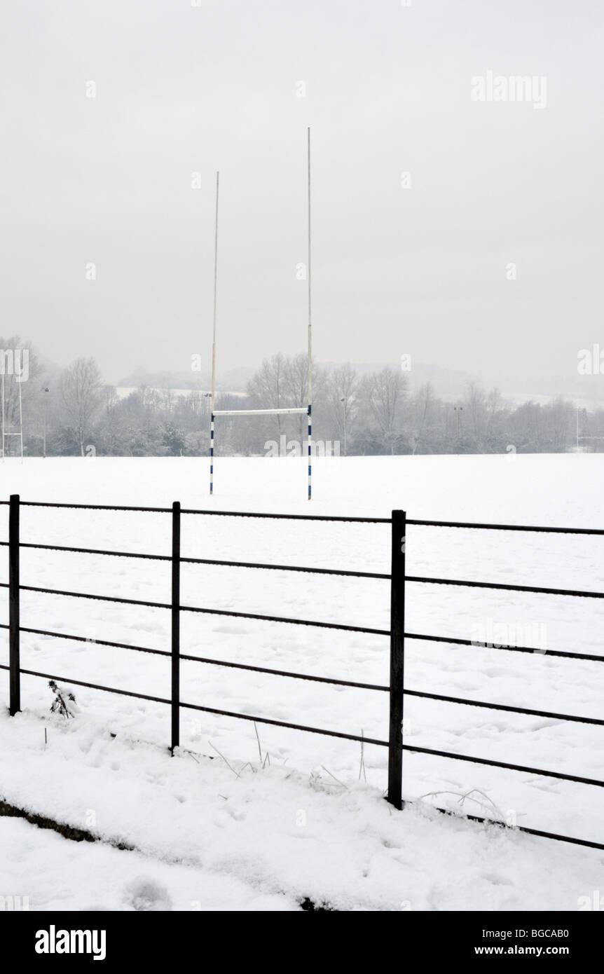 Snow covered rugby ground, UK Stock Photo - Alamy