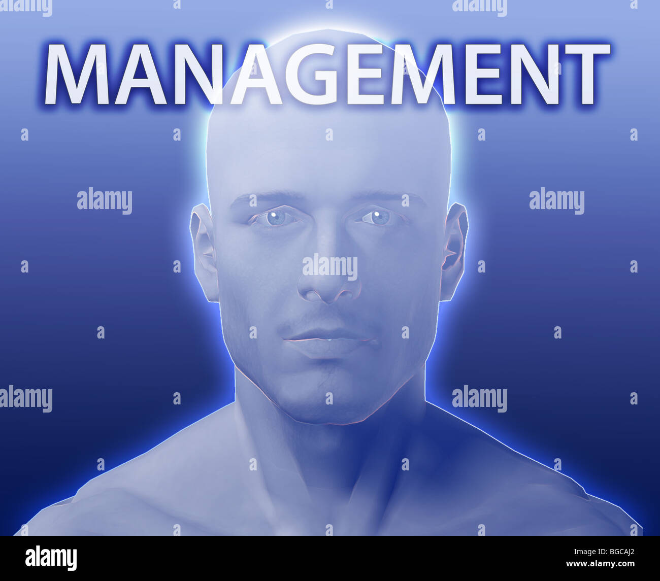 Head for management, man's face with strategy slogan Stock Photo - Alamy