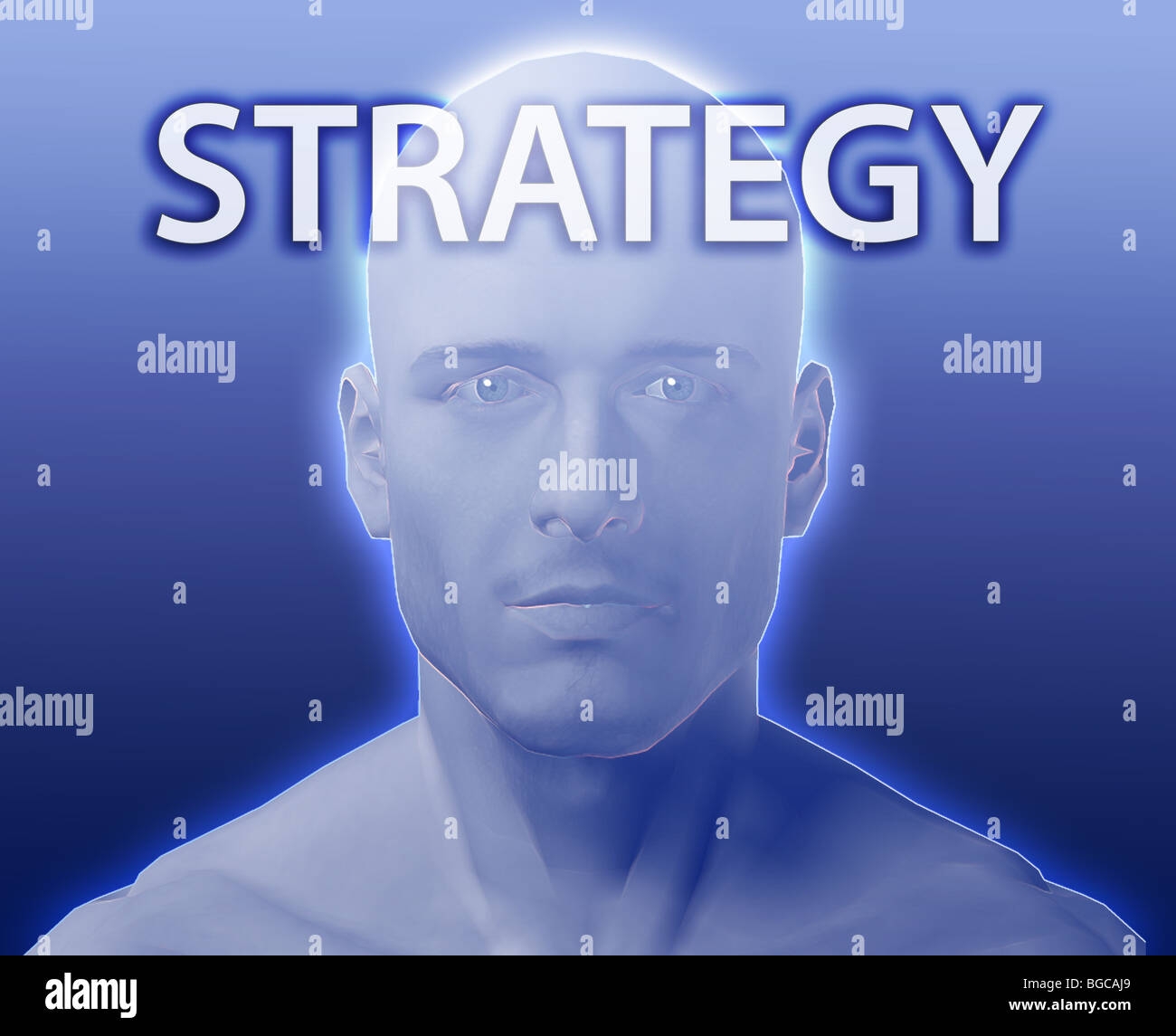 Head for management, man's face with strategy slogan Stock Photo - Alamy
