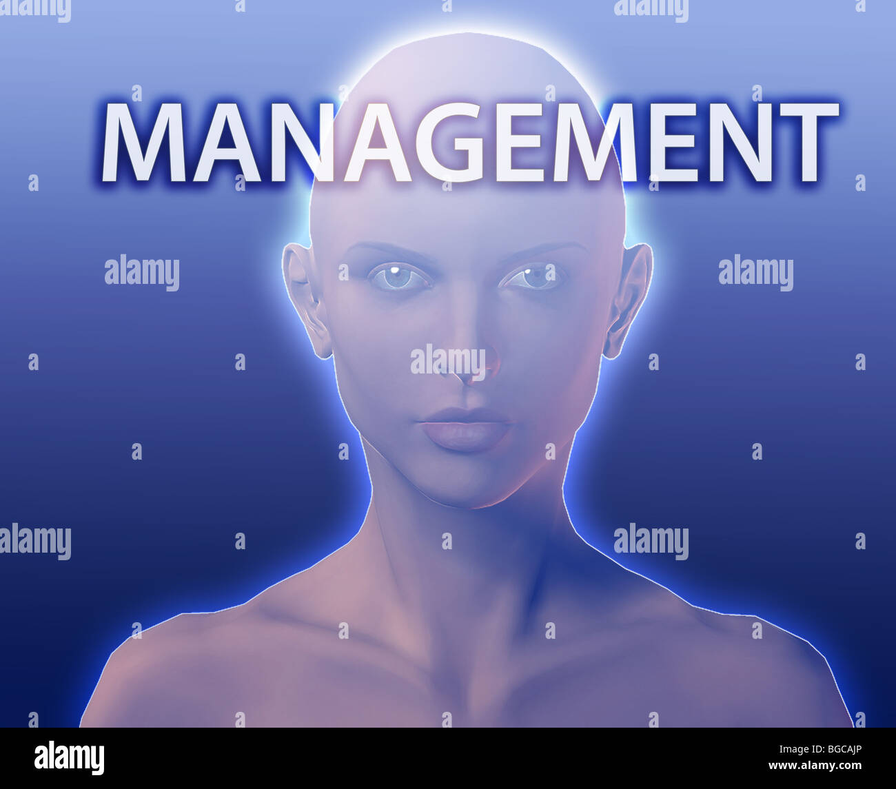 Illustration of woman's face with management strategy slogan Stock ...
