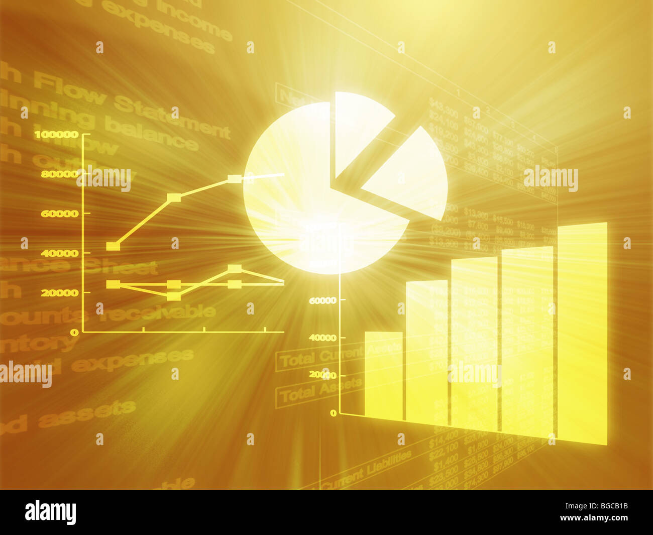Illustration of Spreadsheet data and business charts in glowing ...