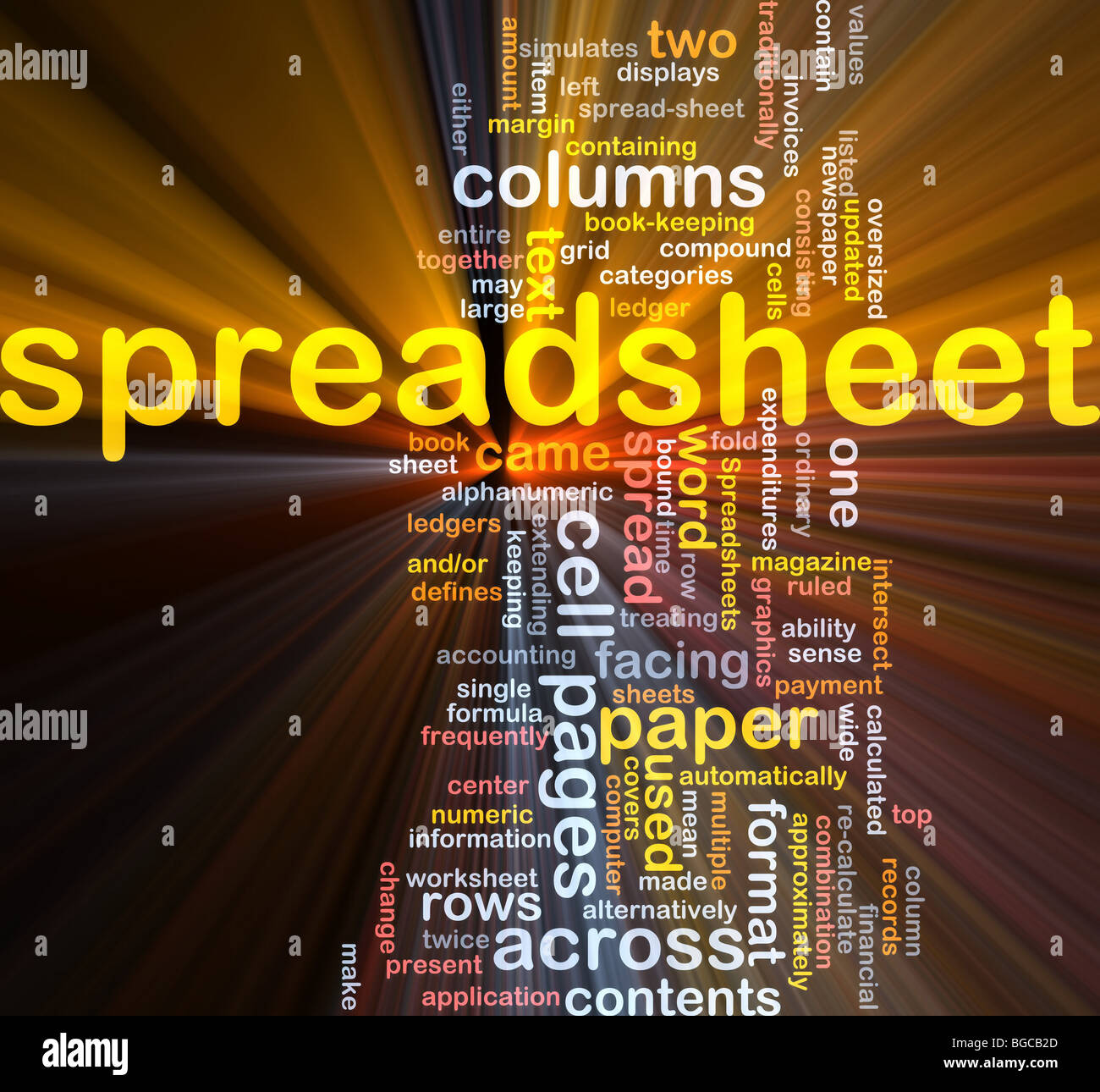 Word cloud concept illustration of spreadsheet software glowing light ...