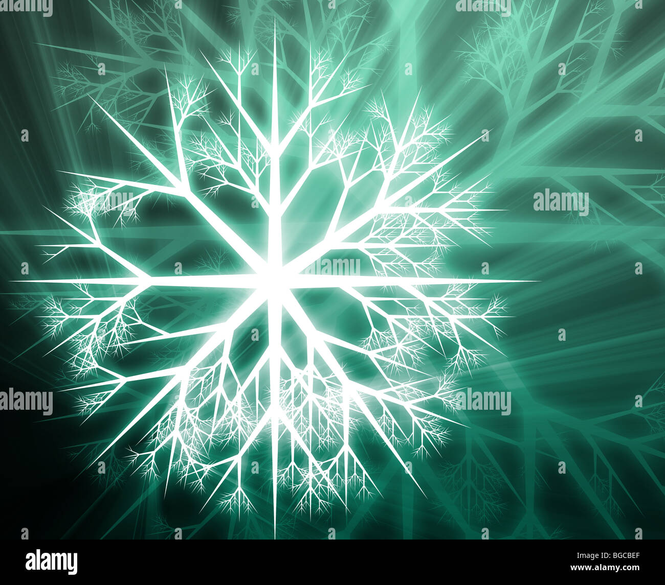Snowflake crystal pattern illustration, glowing light flares Stock ...