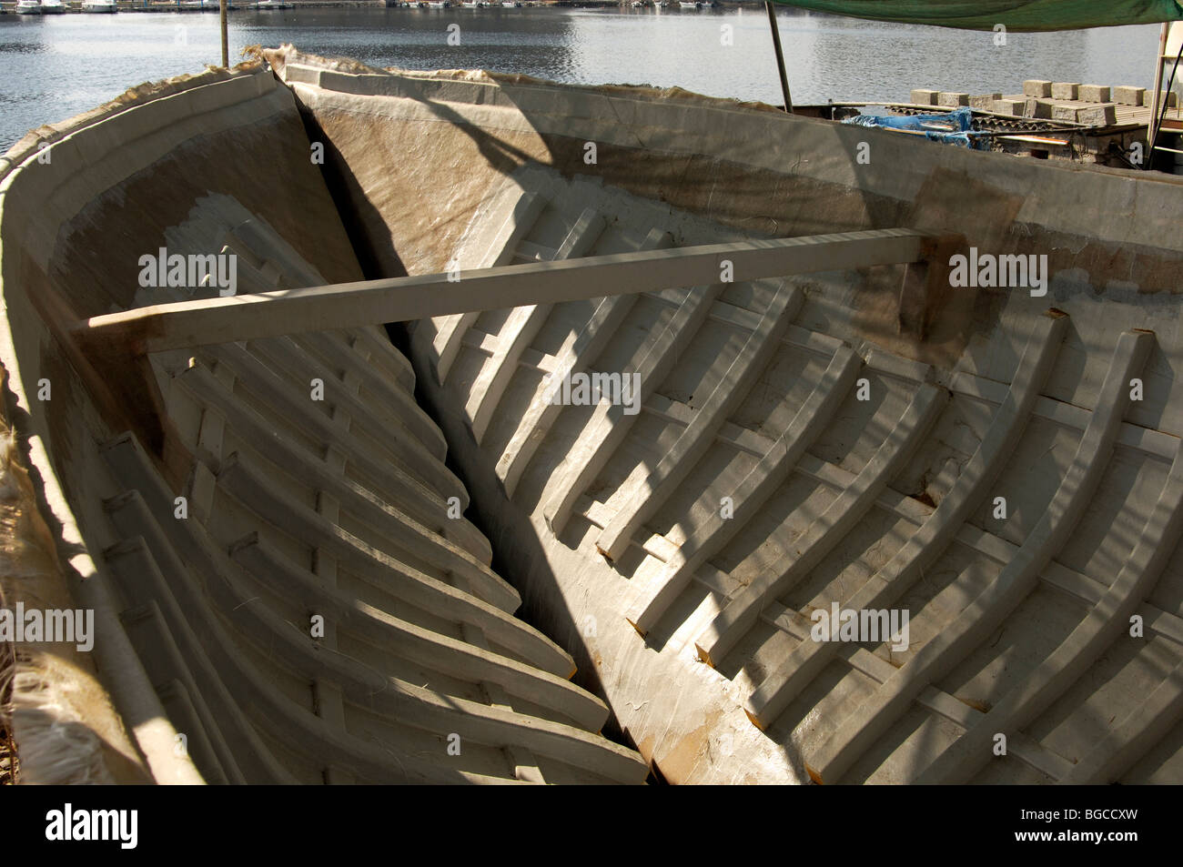 Bow of a dhow ship under construction made of fiberglass and synthetic ...