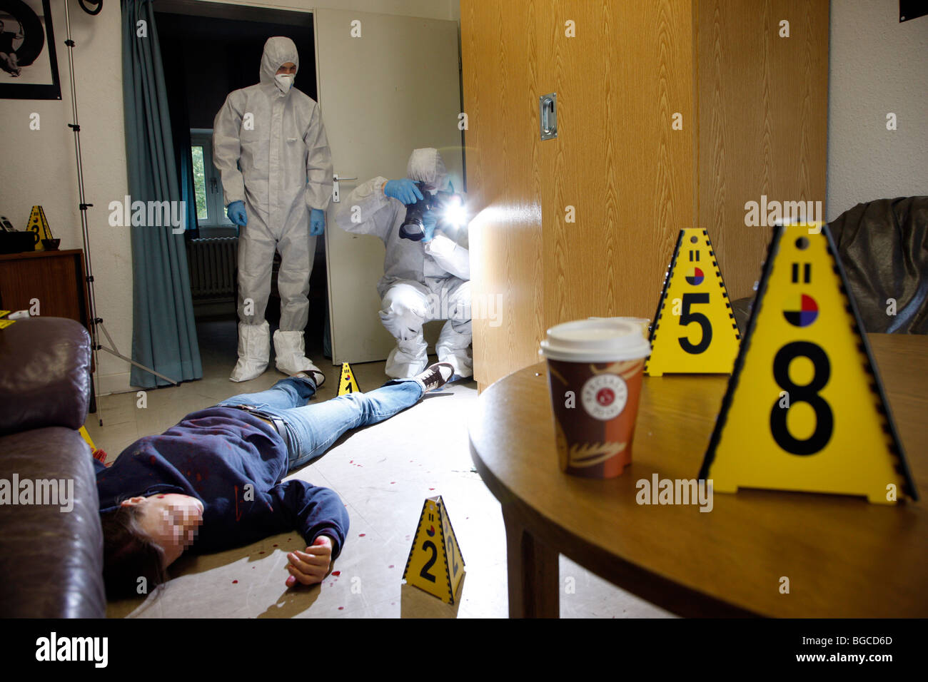 Crime scene investigation, forensic people at a murder scene. Police work, preservation of ...