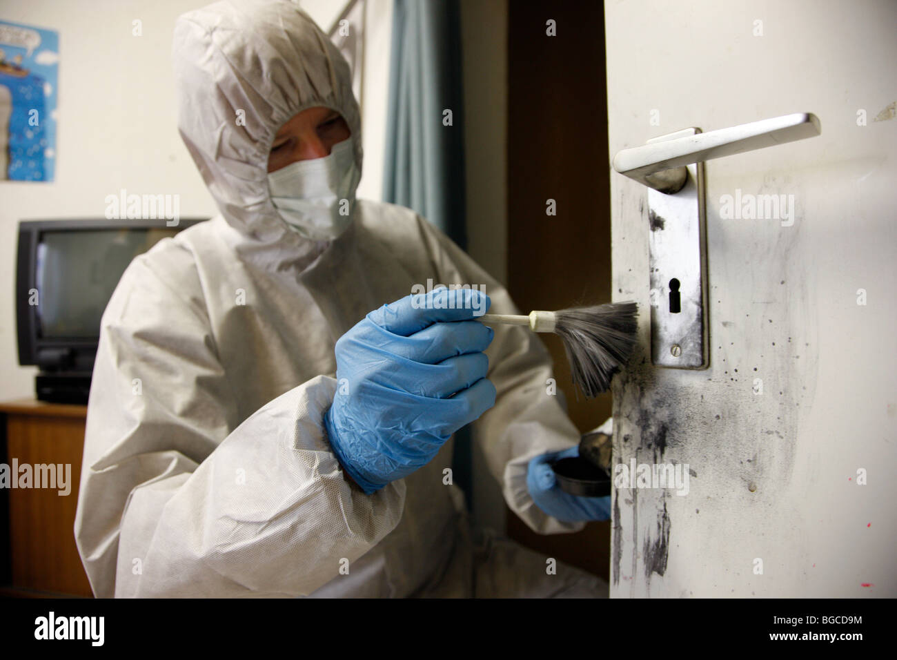 Crime scene investigation, forensic people at a murder scene. Police work, preservation of ...