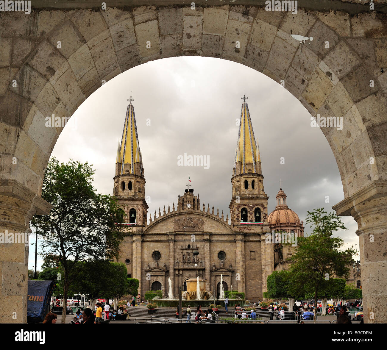 An archway in the Zocalo in guadalajara, mexico showing the cathedral ...