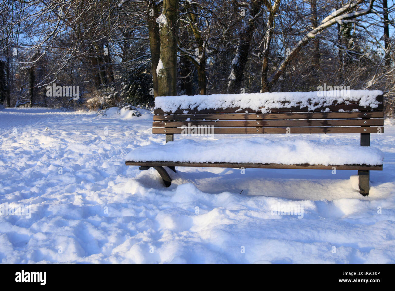 Snowcovered bench in park Stock Photo - Alamy