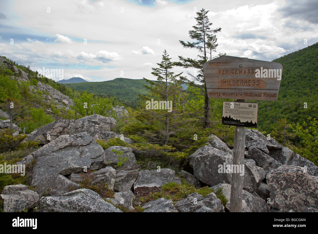 Pemigewasset Wilderness sign on the Zeacliff Trail during the summer ...