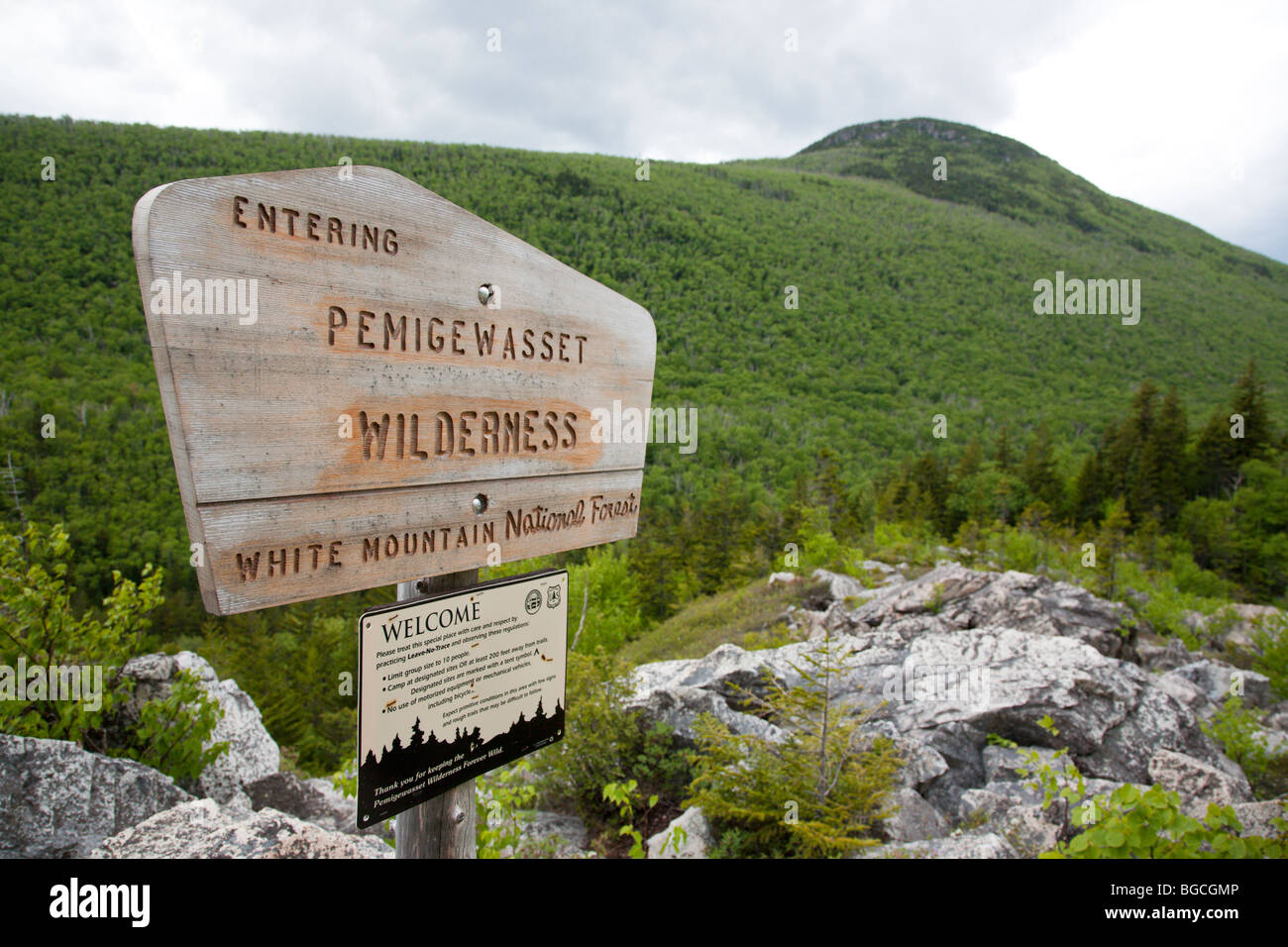Pemigewasset Wilderness sign on the Zeacliff Trail during the summer ...