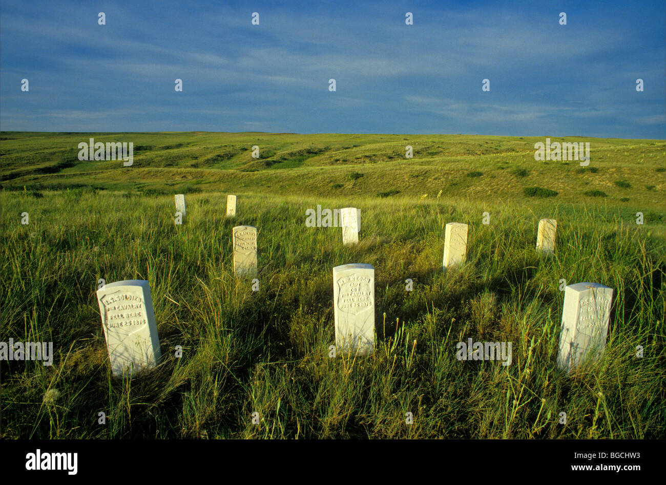 Little Bighorn Battlefield, marble markers mark sites where men of 7th ...
