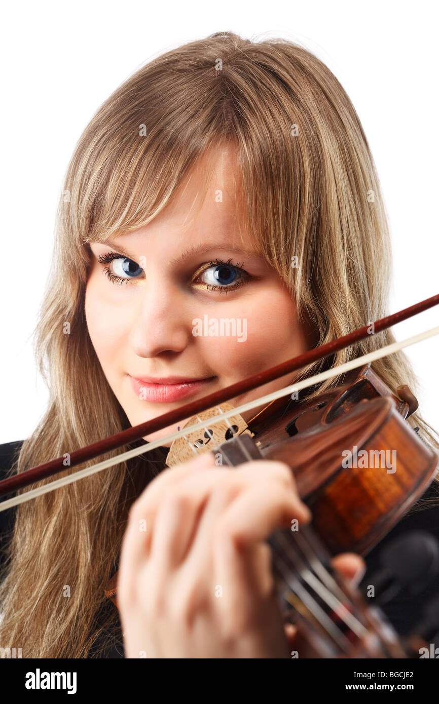 Close-up portrait of young woman violinist. Isolated over white ...
