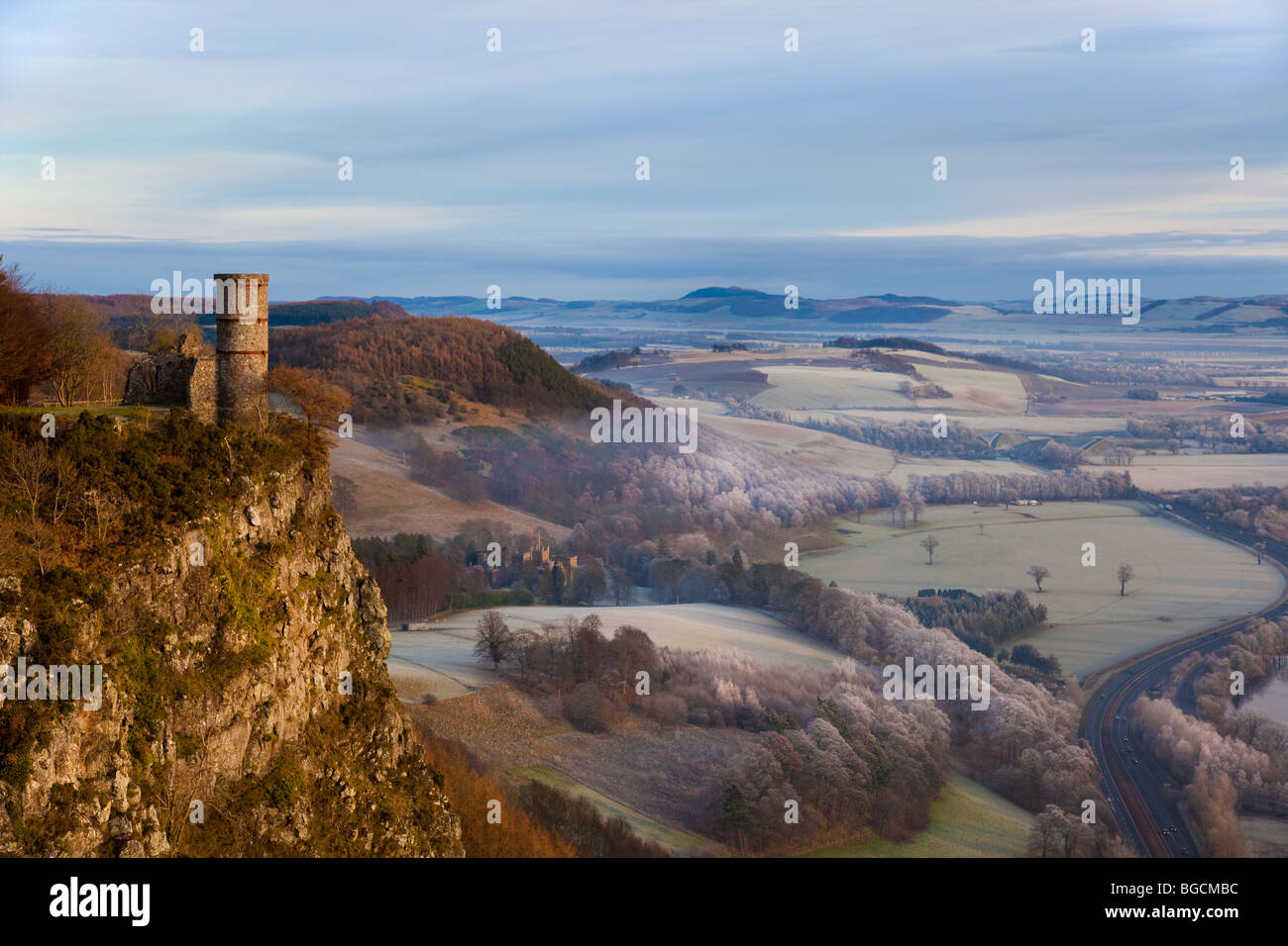 Kinnoull Tower on Kinnoull Hill, Ground grass frost, a cold winter ...