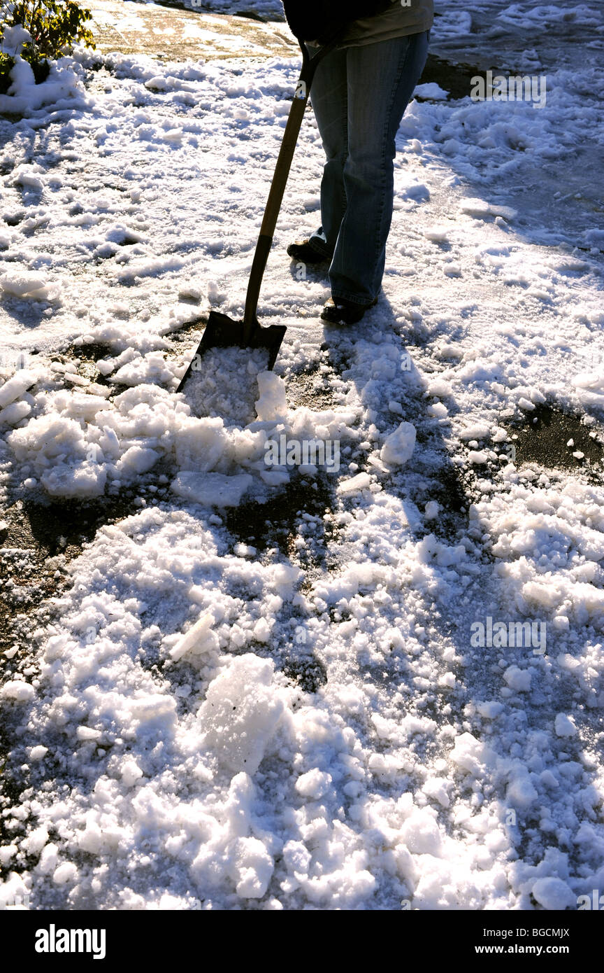 Woman clearing snow and ice from her path and drive using a shovel in ...