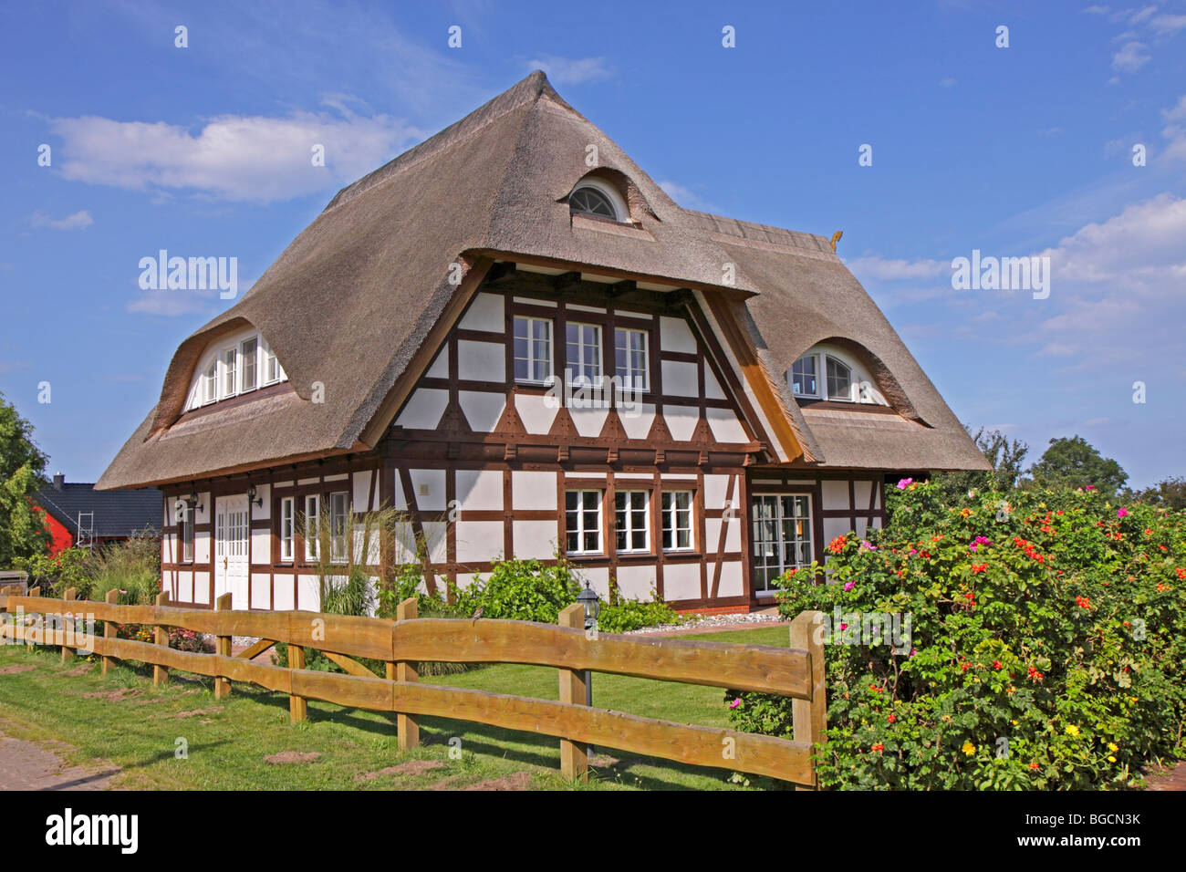 thatched half-timbered house in Gruessow, Usedom Island, Mecklenburg ...