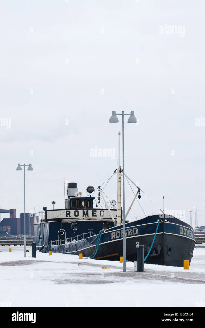 Finnish sea vessel Romeo at winter mooring in Helsinki Stock Photo - Alamy