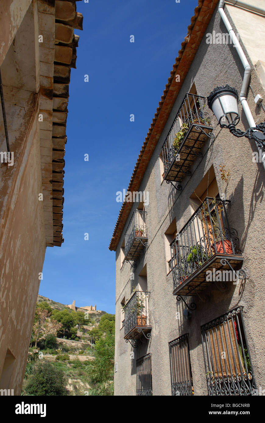 village houses and ruined castle of Relleu, Alicante Province ...