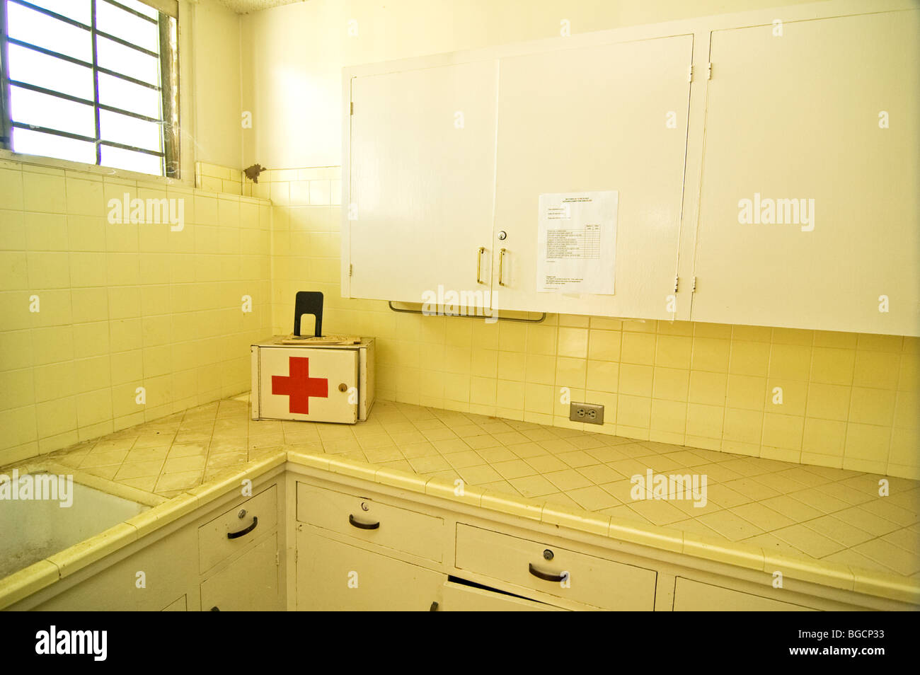 A kitchen with a first aid kit, at i a mental hospital in Los Angeles ...