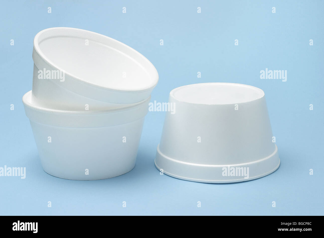 Three Styrofoam disposable bowls on seamless blue background Stock ...