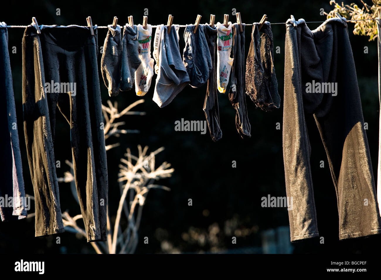 detail of clothes with frost in a clothes line Stock Photo - Alamy