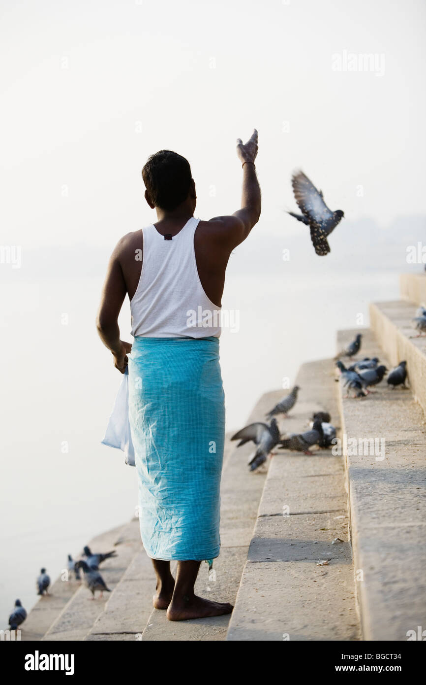 Feeding pigeons can improve one's karma. Varanasi, India Stock Photo ...