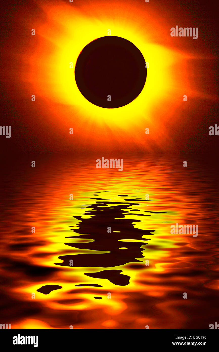 computer enhanced photo of moon eclipse reflected in ocean Stock Photo ...