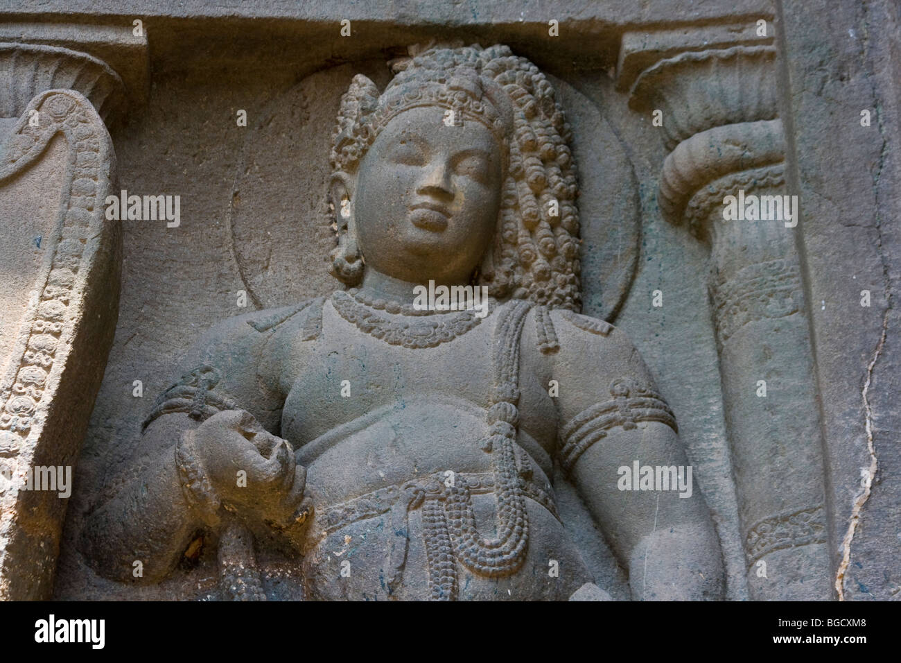 Rock Carving Statues outside Buddhist Cave 19 in Ajanta in India Stock ...