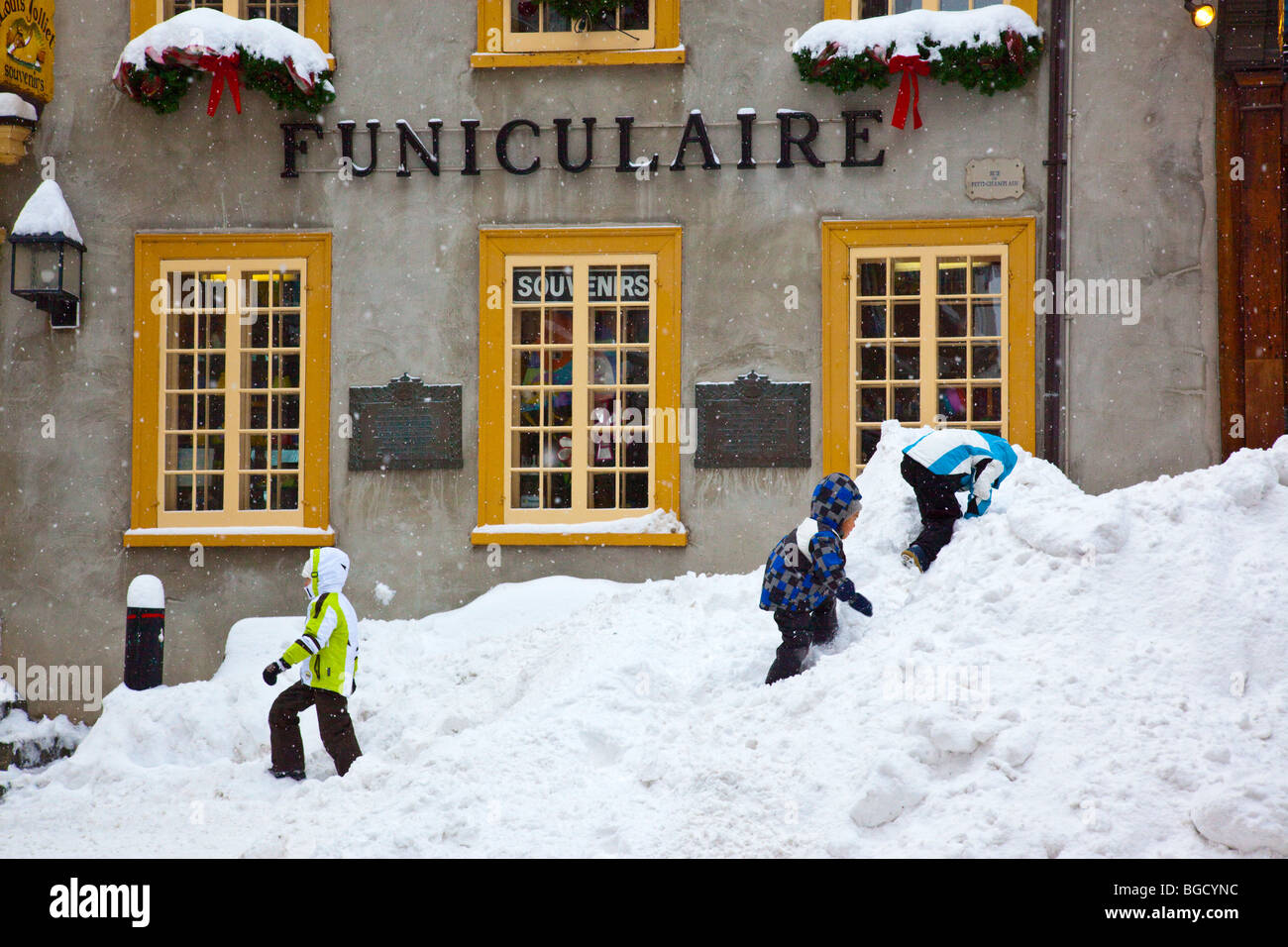 Children playing in front of the Funiculaire in Lower Old Quebec City ...