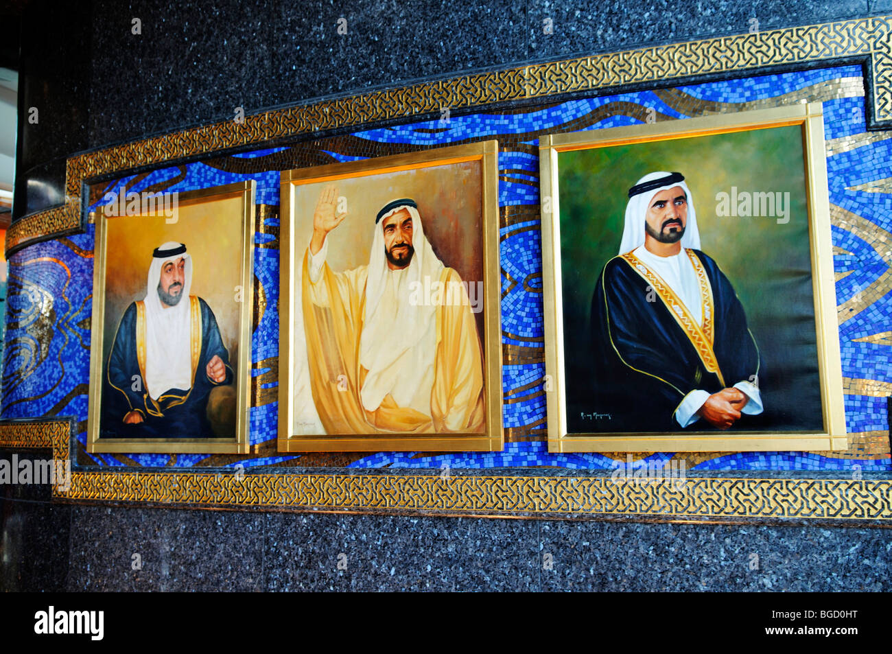 Potraits of sheikhs of the Arab Emirates in the lobby of the Burj al ...