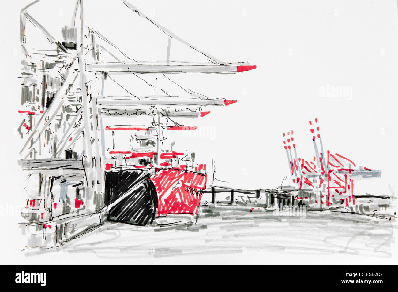 Container terminal in the Port of Hamburg, drawing, artist, Gerhard ...