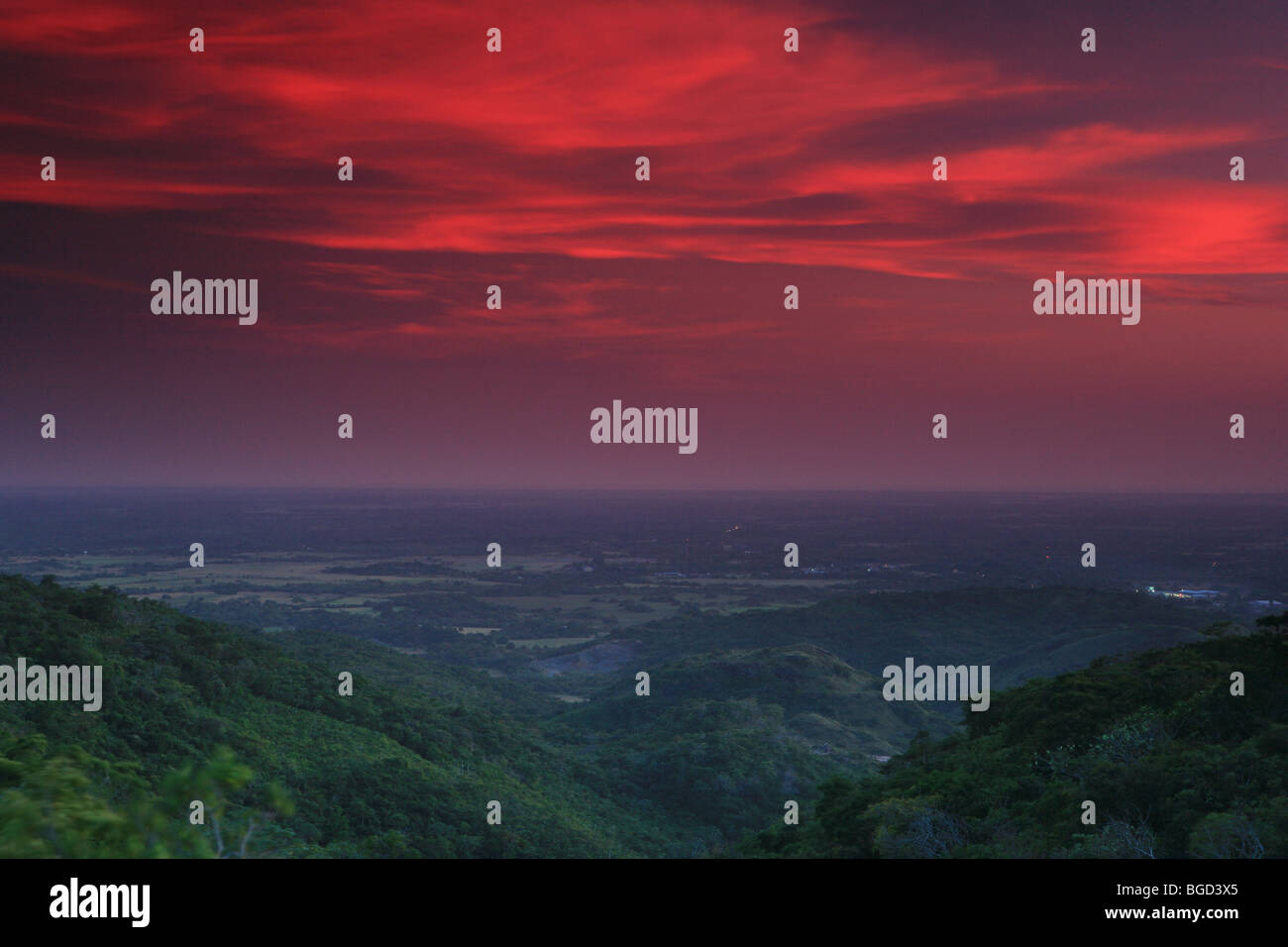 Colorful skies seen from Santa Cruz above the town Penonome in Cocle ...