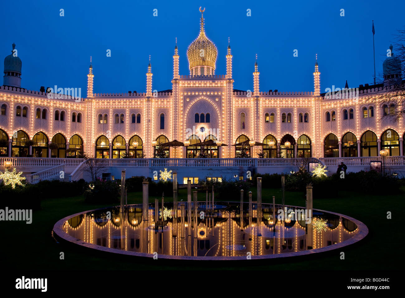 Festively illuminated restaurant Nimb in Tivoli, Copenhagen, Denmark ...