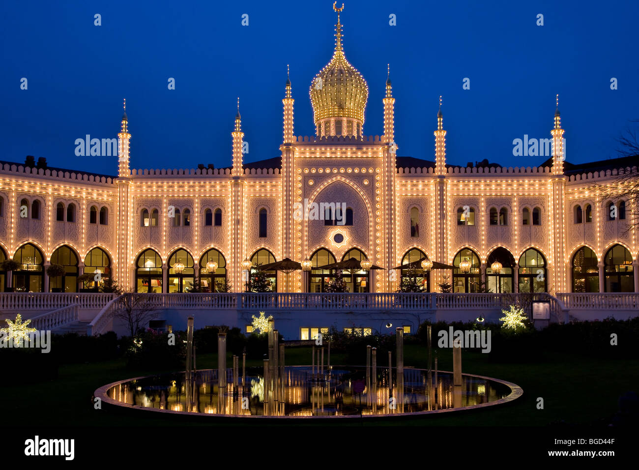 Festively illuminated restaurant Nimb in Tivoli, Copenhagen, Denmark ...