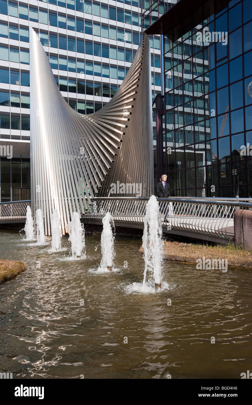 Fountain in front of the 142 m high-rise building of the DZ Bank, known ...