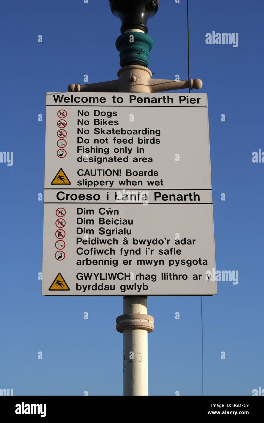 Bilingual English / Welsh Cymraeg Sign penarth pier Wales UK Stock ...