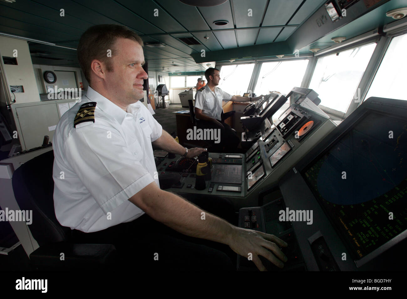 captain and crew on the bridge of the Interislander ferry Kaitaki ...