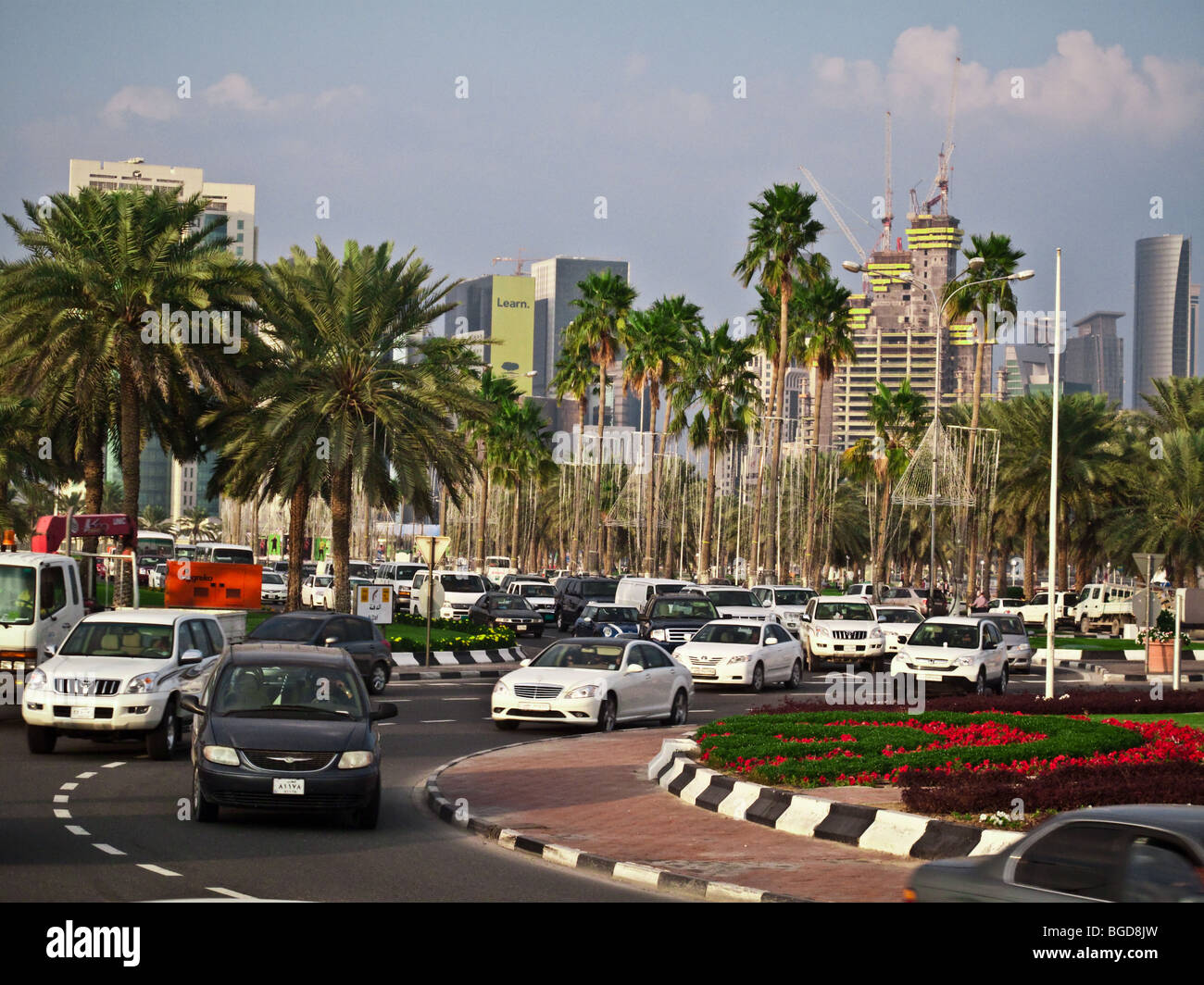 traffic car auto corniche west bay skyline doha qatar roundabout Stock ...